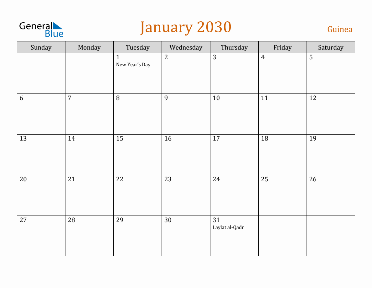 Free January 2030 Guinea Calendar