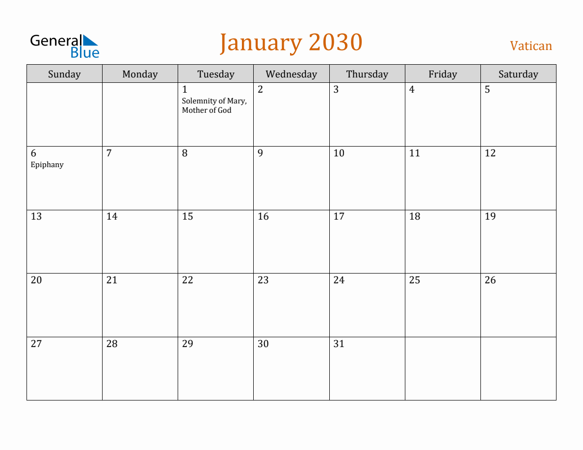 Free January 2030 Vatican Calendar