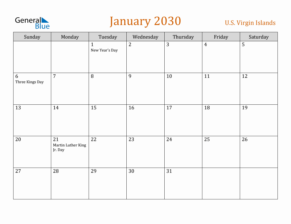 Free January 2030 U.S. Virgin Islands Calendar
