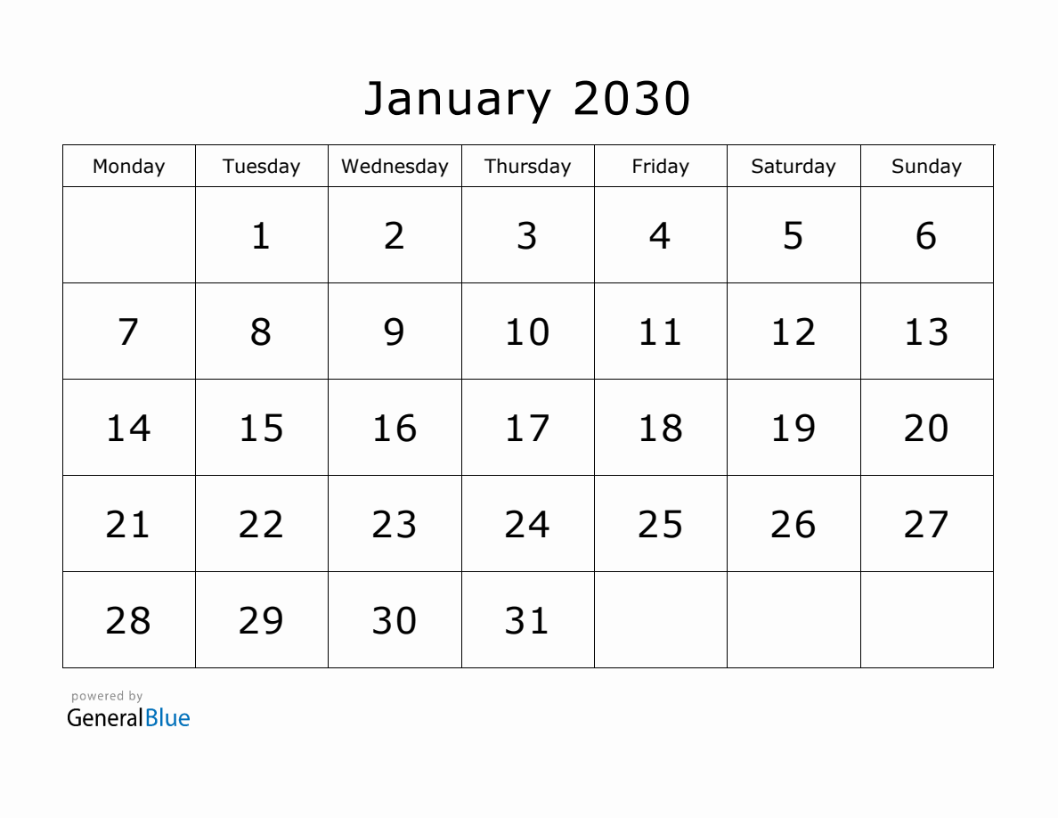 Printable January 2030 Calendar - Monday Start
