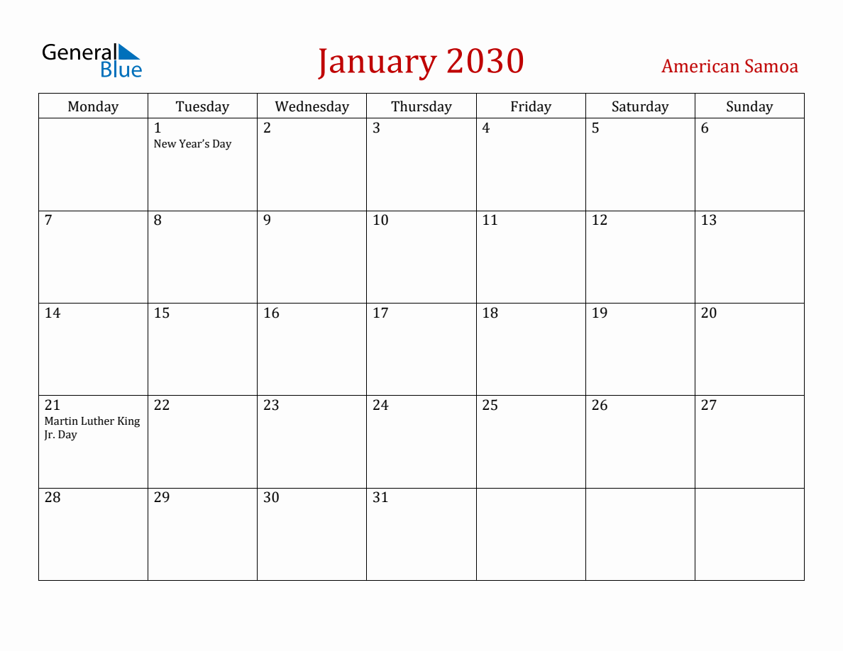 January 2030 American Samoa Monthly Calendar with Holidays (Monday Start)