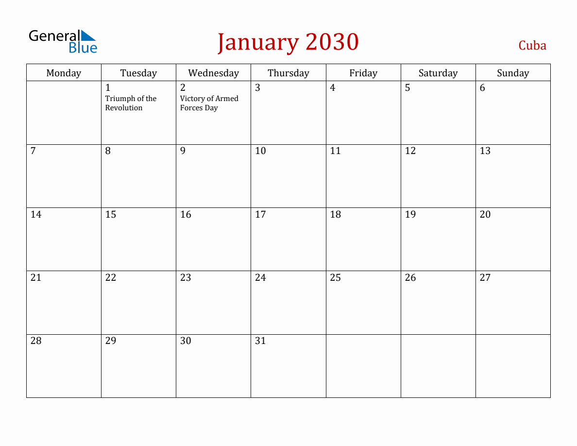 January 2030 Cuba Monthly Calendar with Holidays