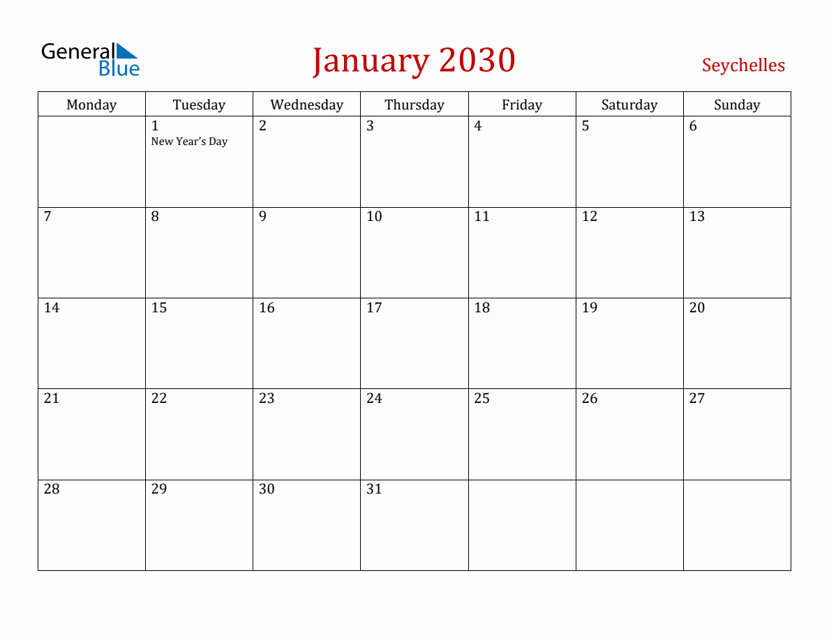 January 2030 Seychelles Monthly Calendar with Holidays (Monday Start)