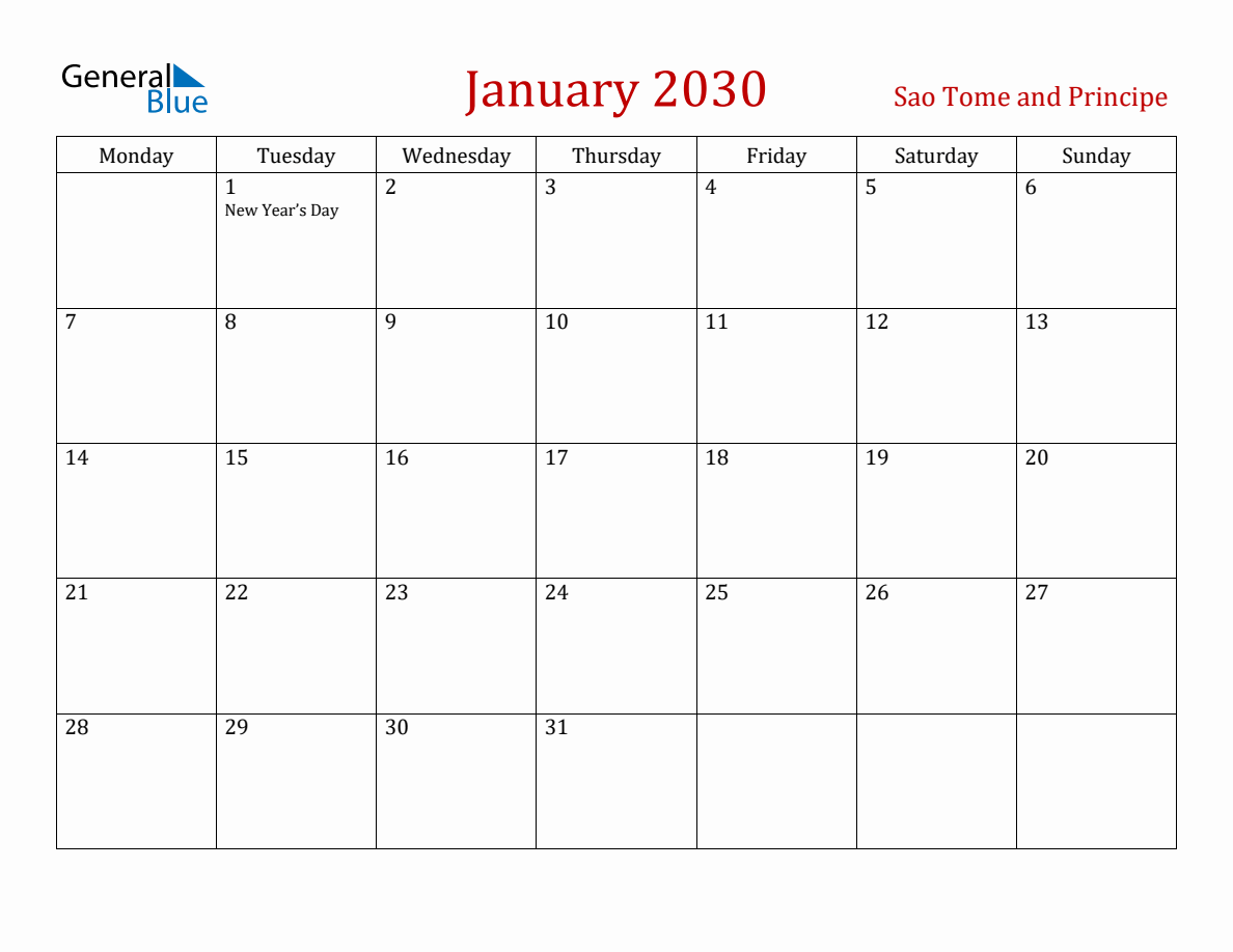January 2030 Sao Tome and Principe Monthly Calendar with Holidays ...