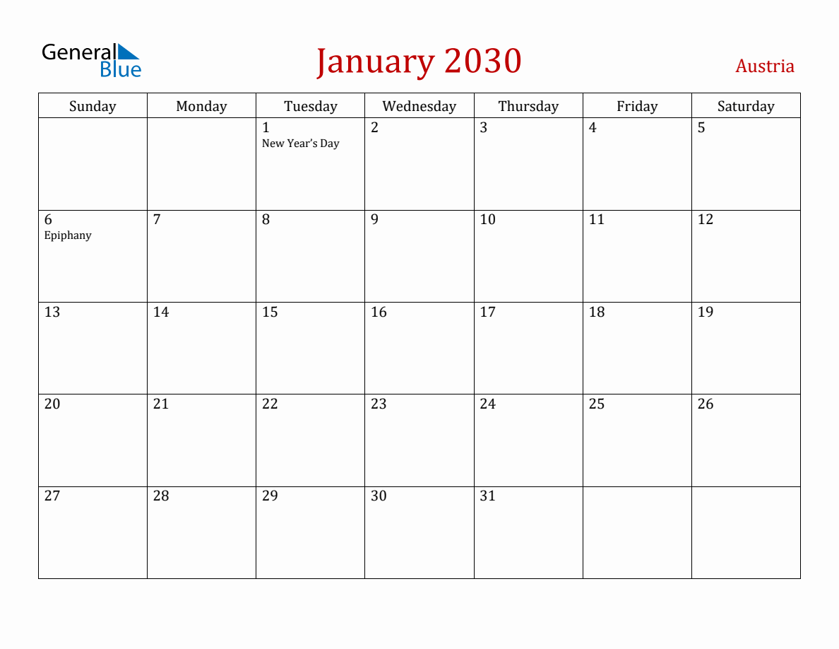 January 2030 Austria Monthly Calendar with Holidays