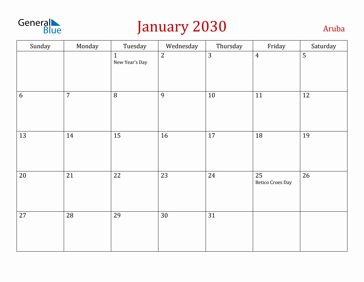 January 2030 Aruba Monthly Calendar with Holidays