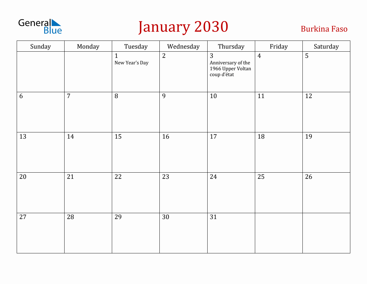 January 2030 Burkina Faso Monthly Calendar with Holidays