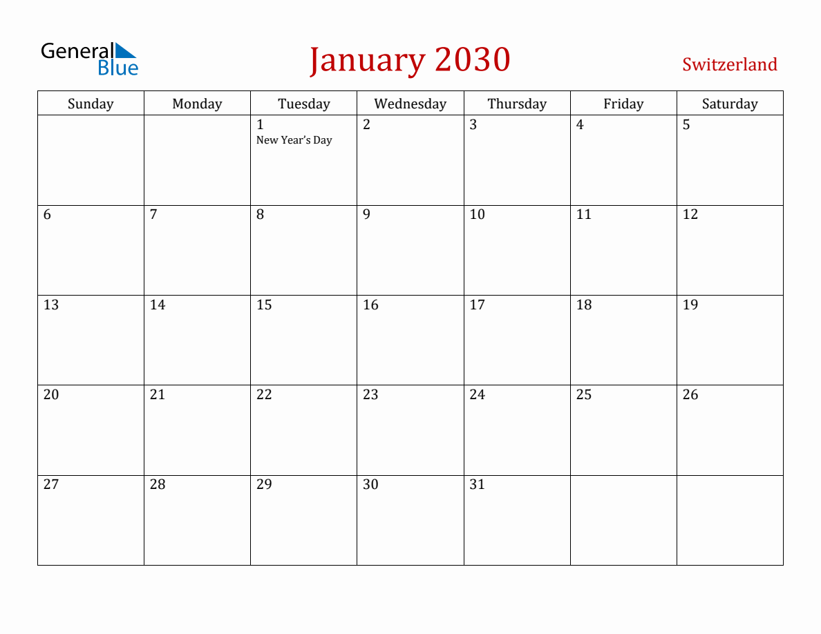 January 2030 Switzerland Monthly Calendar with Holidays
