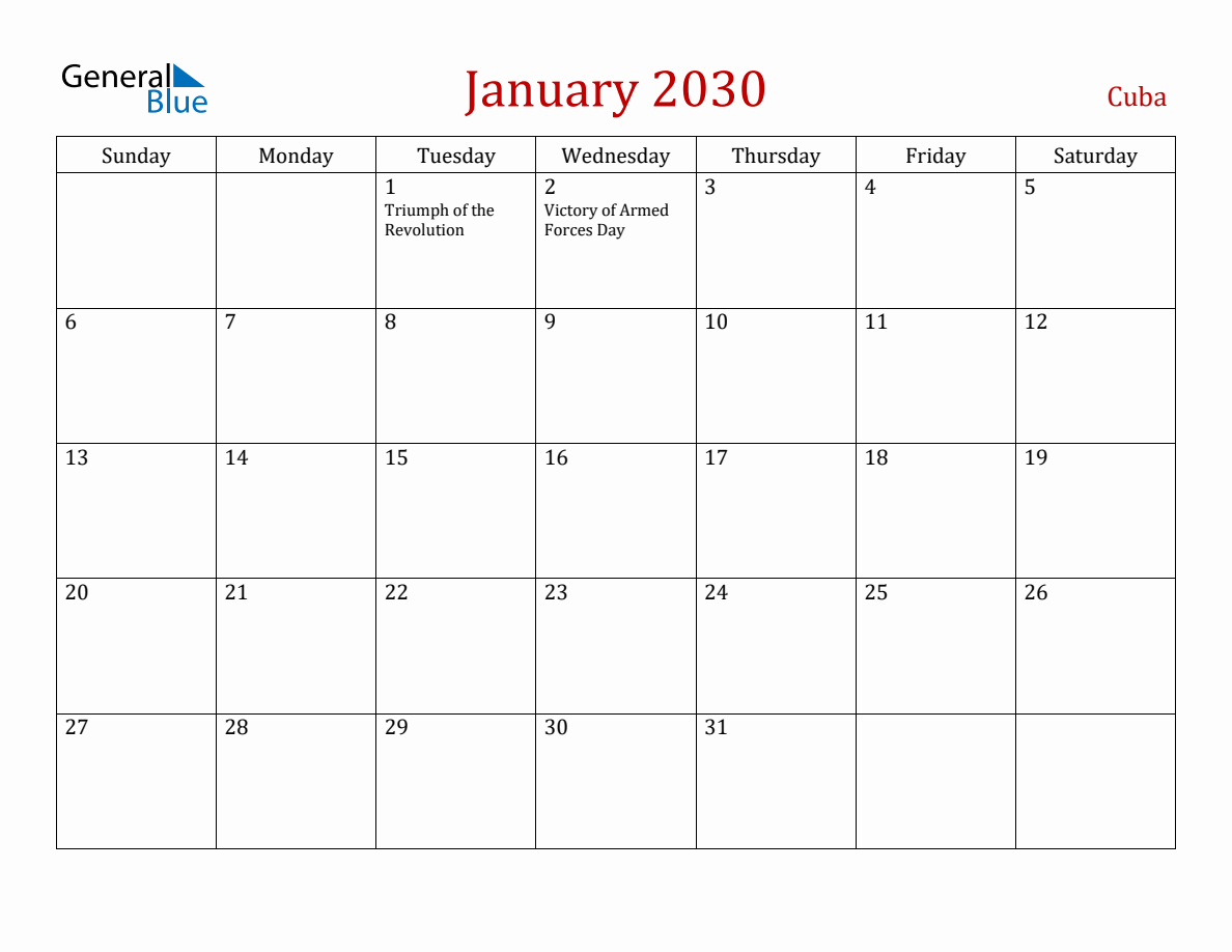 January 2030 Cuba Monthly Calendar with Holidays