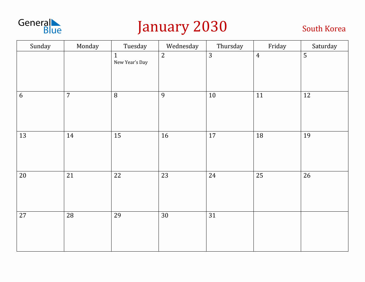 January 2030 South Korea Monthly Calendar with Holidays