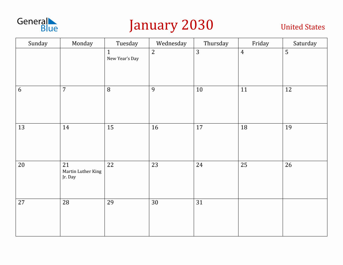 January 2030 United States Monthly Calendar with Holidays