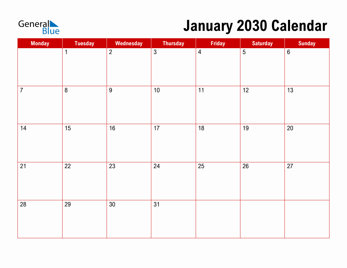 Basic Monthly Calendar - January 2030 - Monday Start