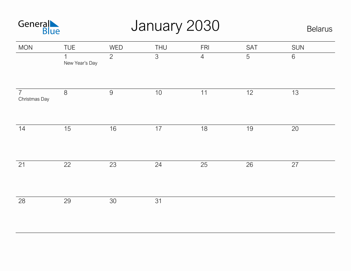 Printable January 2030 Monthly Calendar with Holidays for Belarus ...