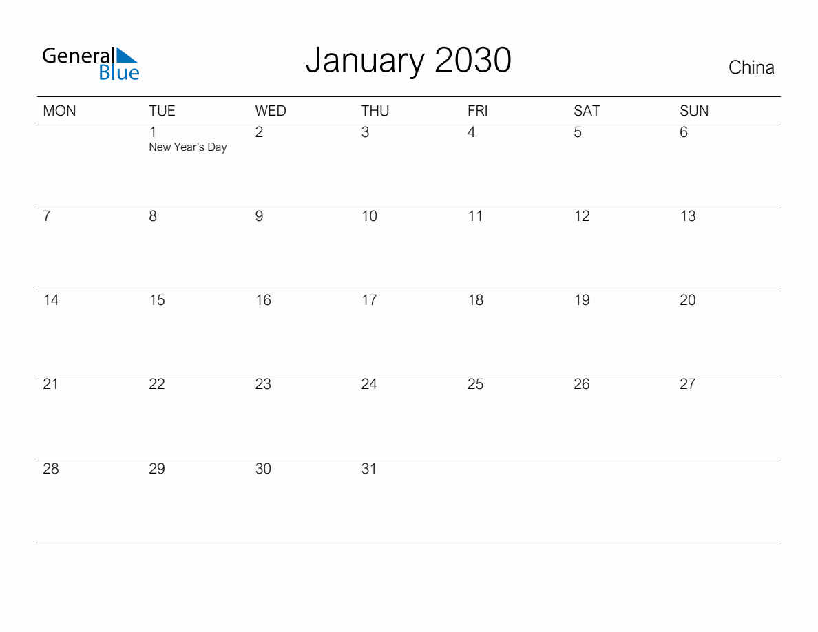 Printable January 2030 Monthly Calendar with Holidays for China (Monday ...