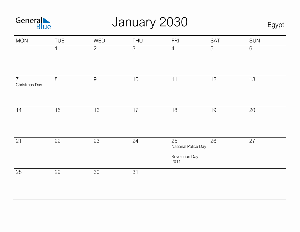 Printable January 2030 Monthly Calendar with Holidays for Egypt (Monday ...