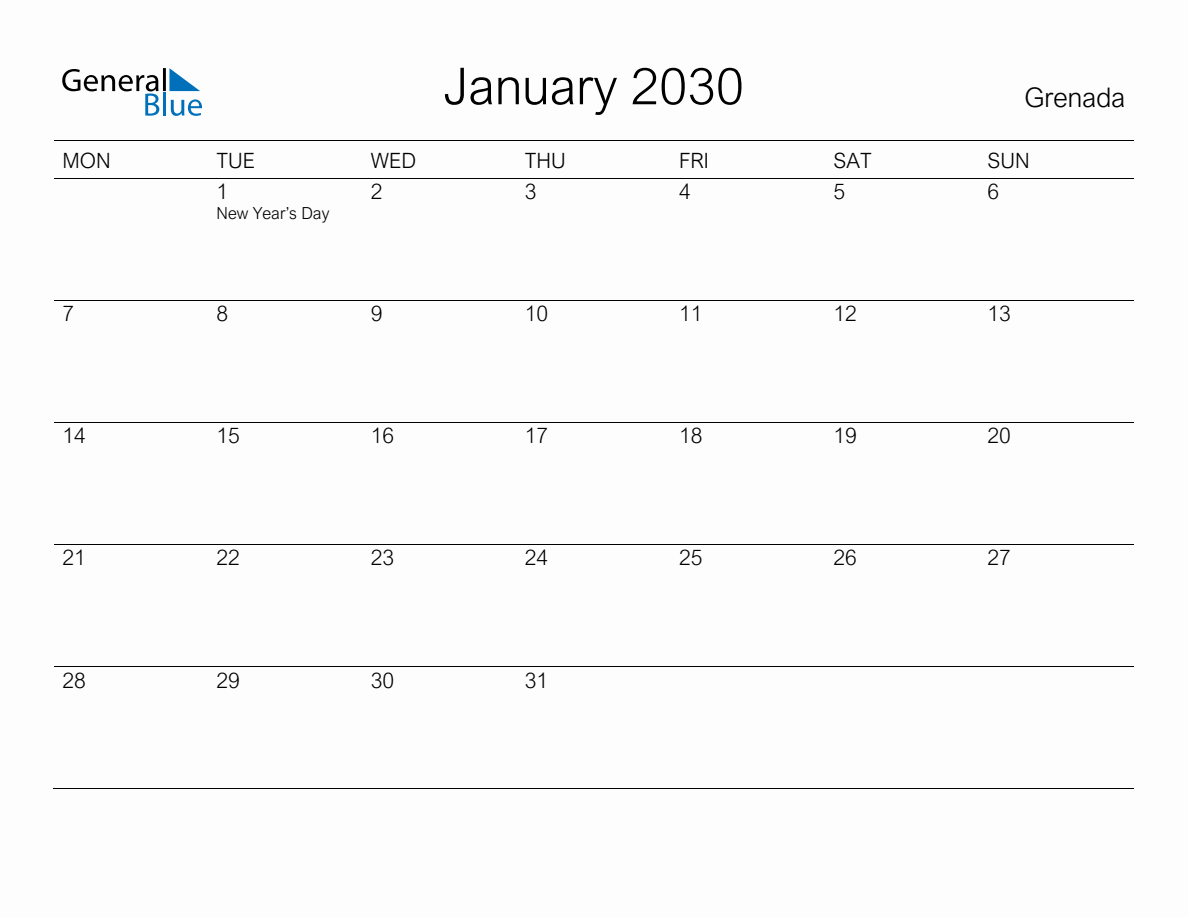 Printable January 2030 Monthly Calendar with Holidays for Grenada ...