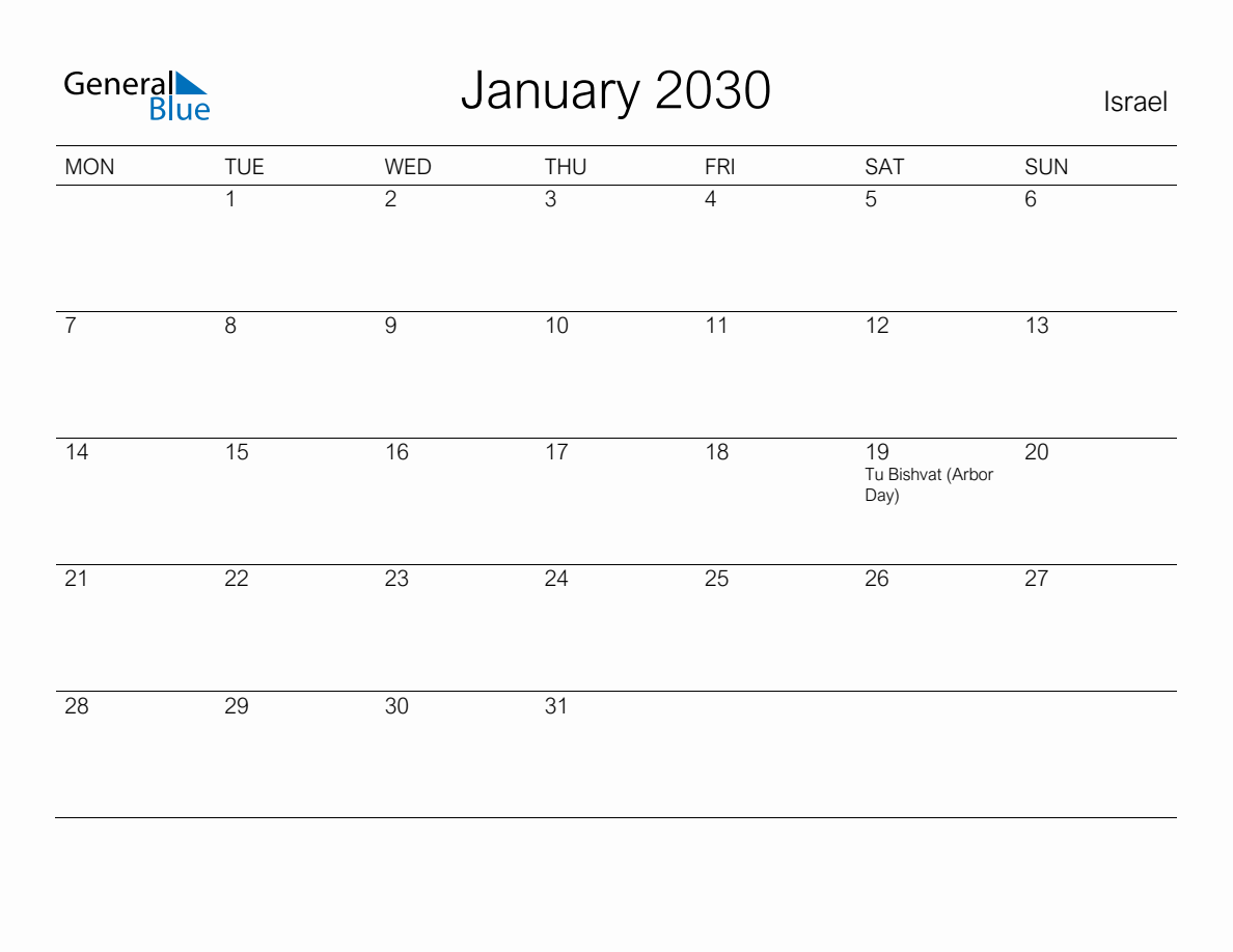 Printable January 2030 Monthly Calendar with Holidays for Israel ...