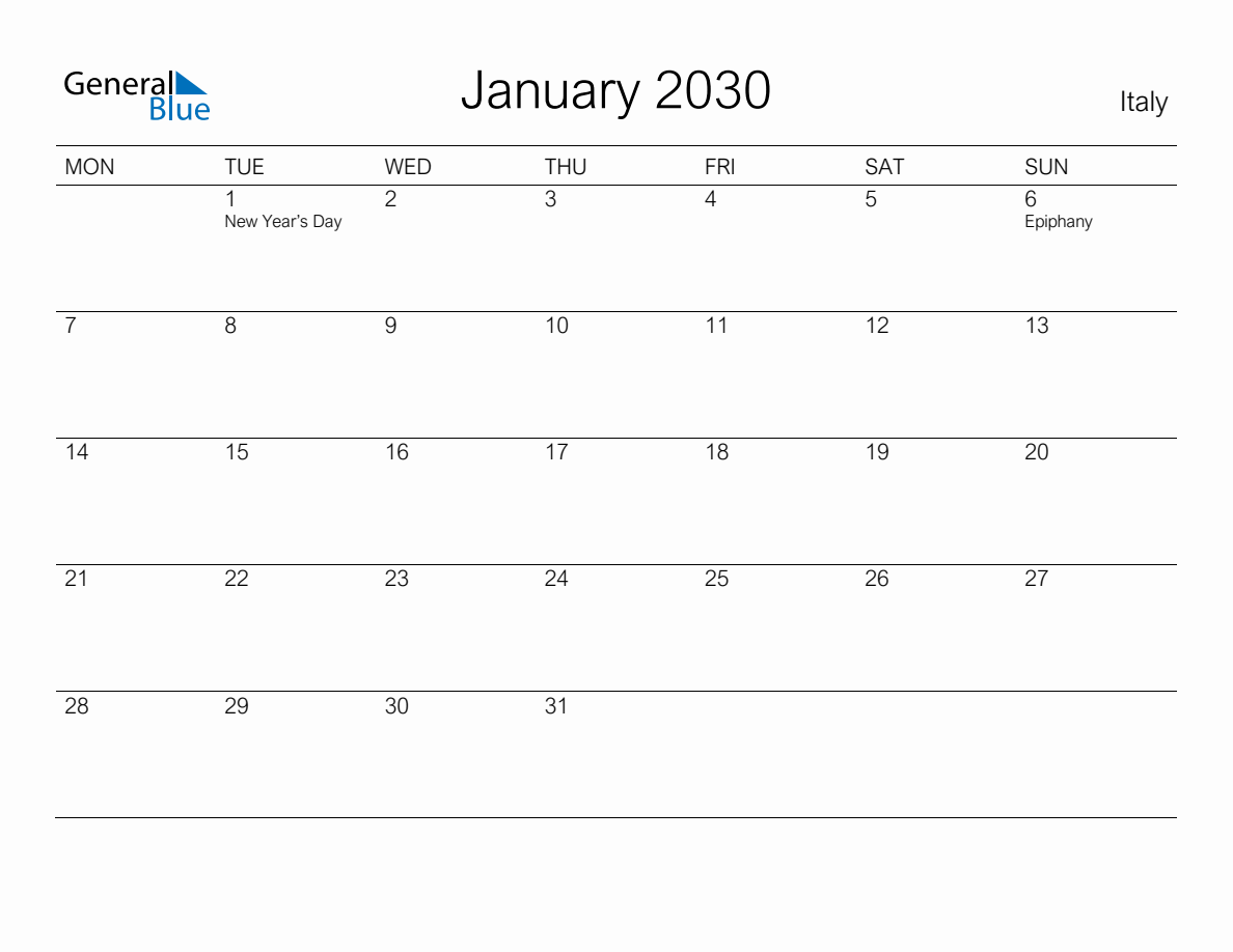 Printable January 2030 Monthly Calendar with Holidays for Italy (Monday ...