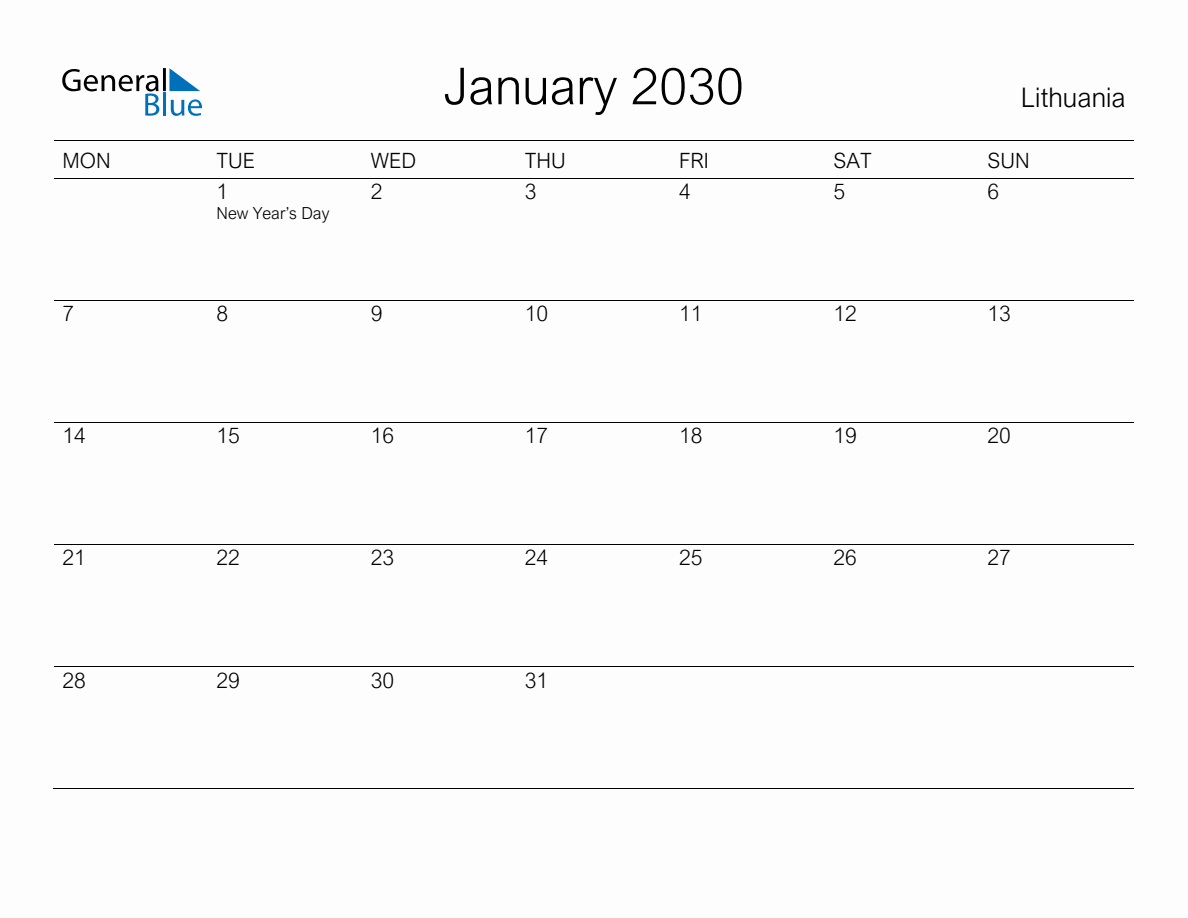 Printable January 2030 Monthly Calendar with Holidays for Lithuania ...