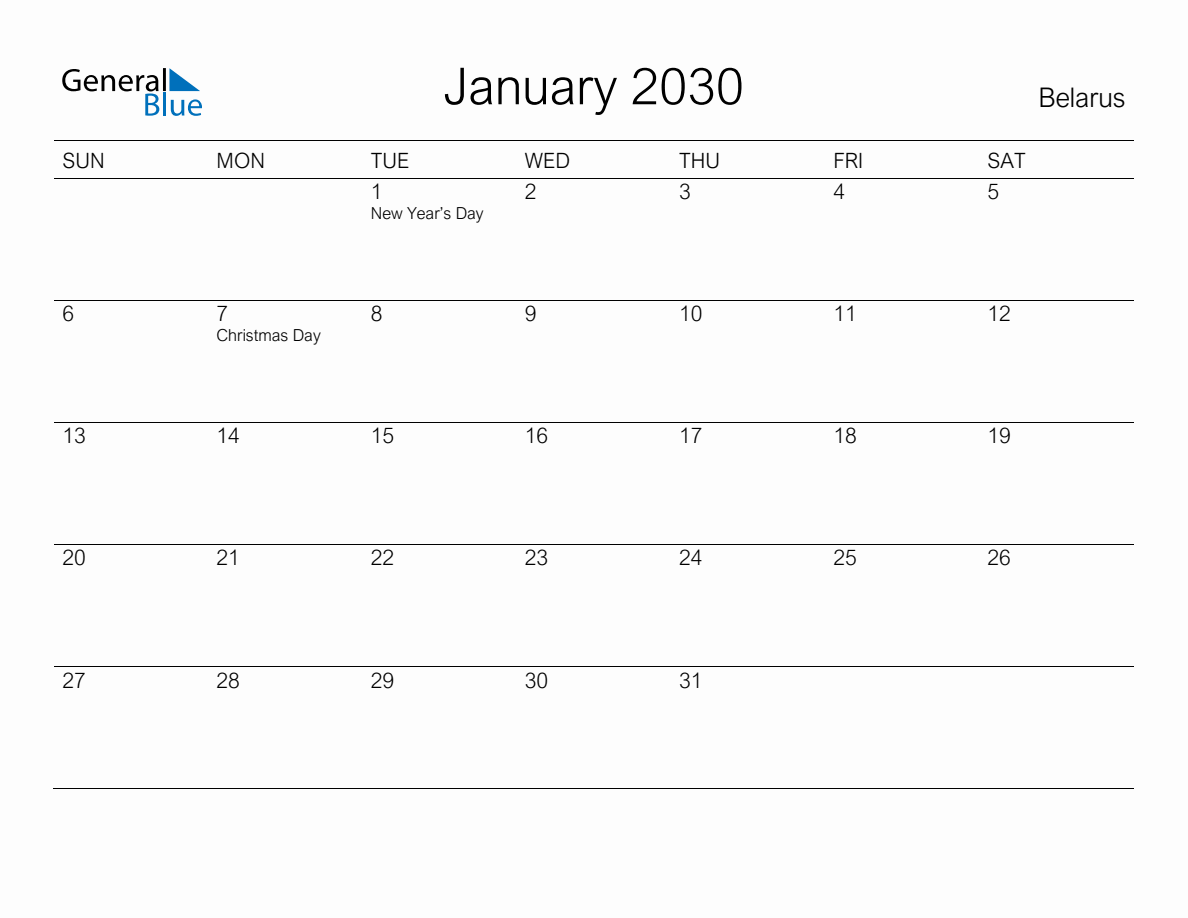Printable January 2030 Monthly Calendar with Holidays for Belarus