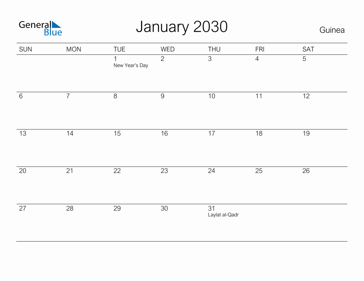 Printable January 2030 Monthly Calendar with Holidays for Guinea