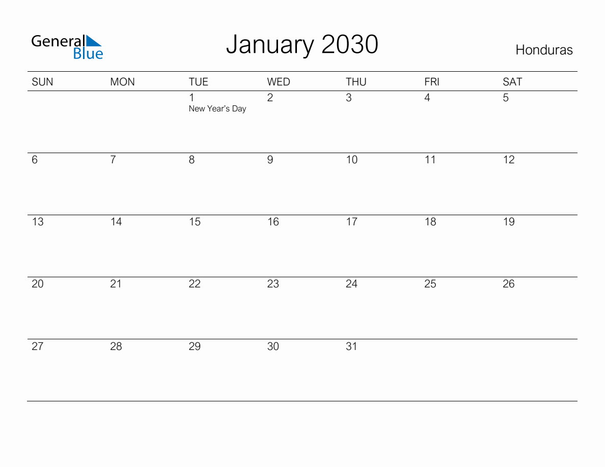 Printable January 2030 Monthly Calendar with Holidays for Honduras