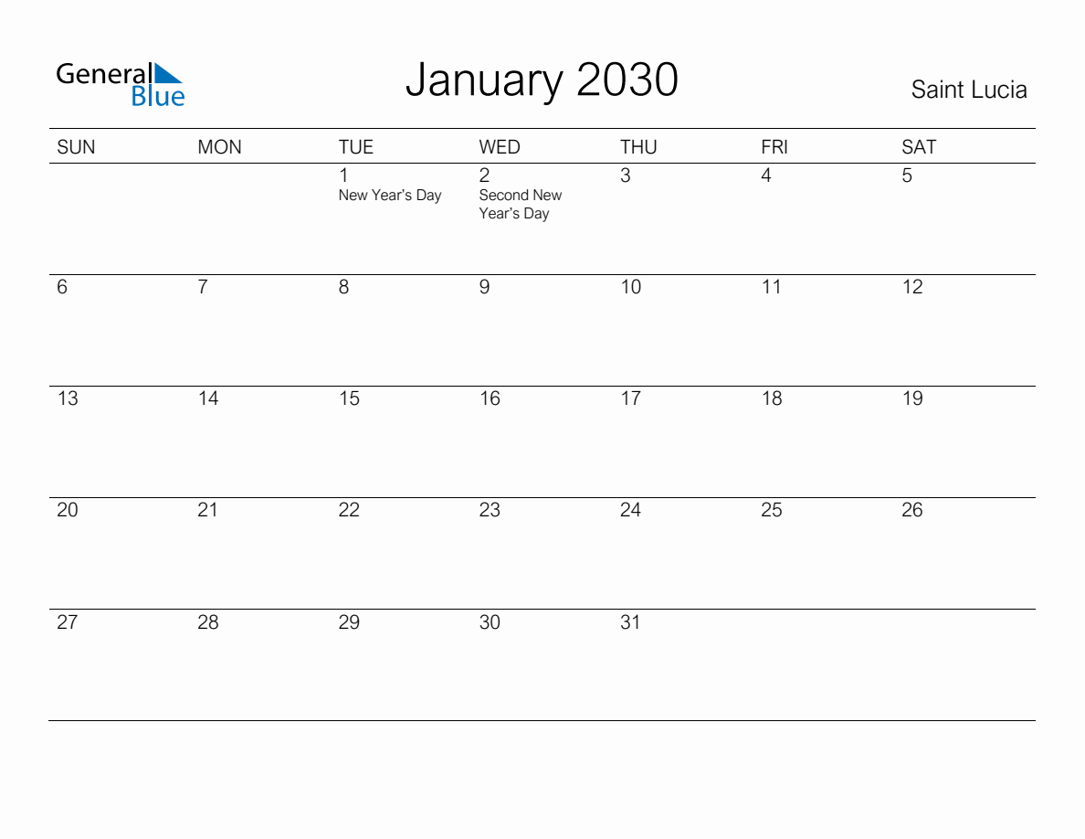 Printable January 2030 Monthly Calendar with Holidays for Saint Lucia