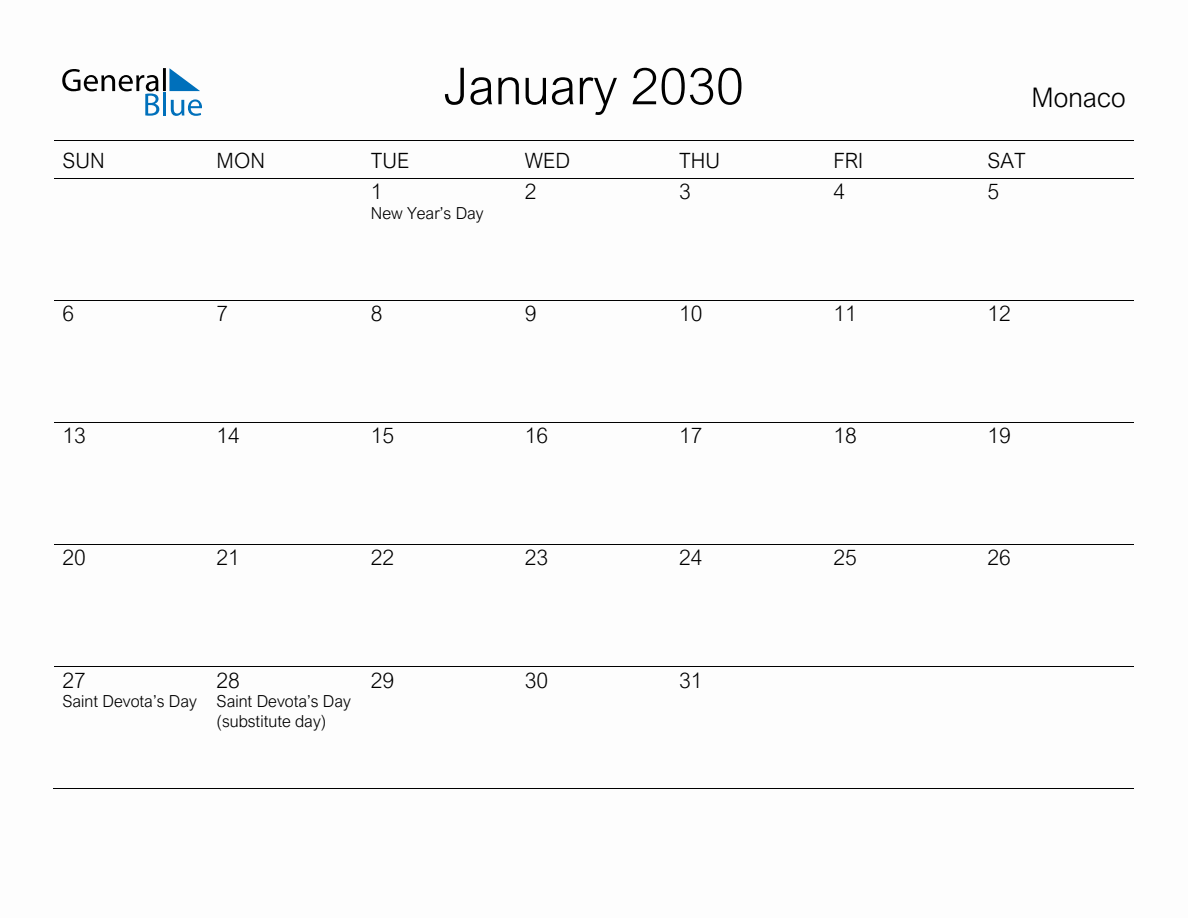 Printable January 2030 Monthly Calendar with Holidays for Monaco
