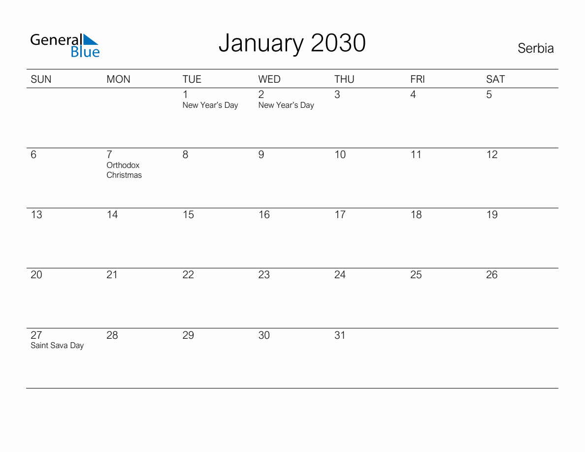 Printable January 2030 Monthly Calendar with Holidays for Serbia