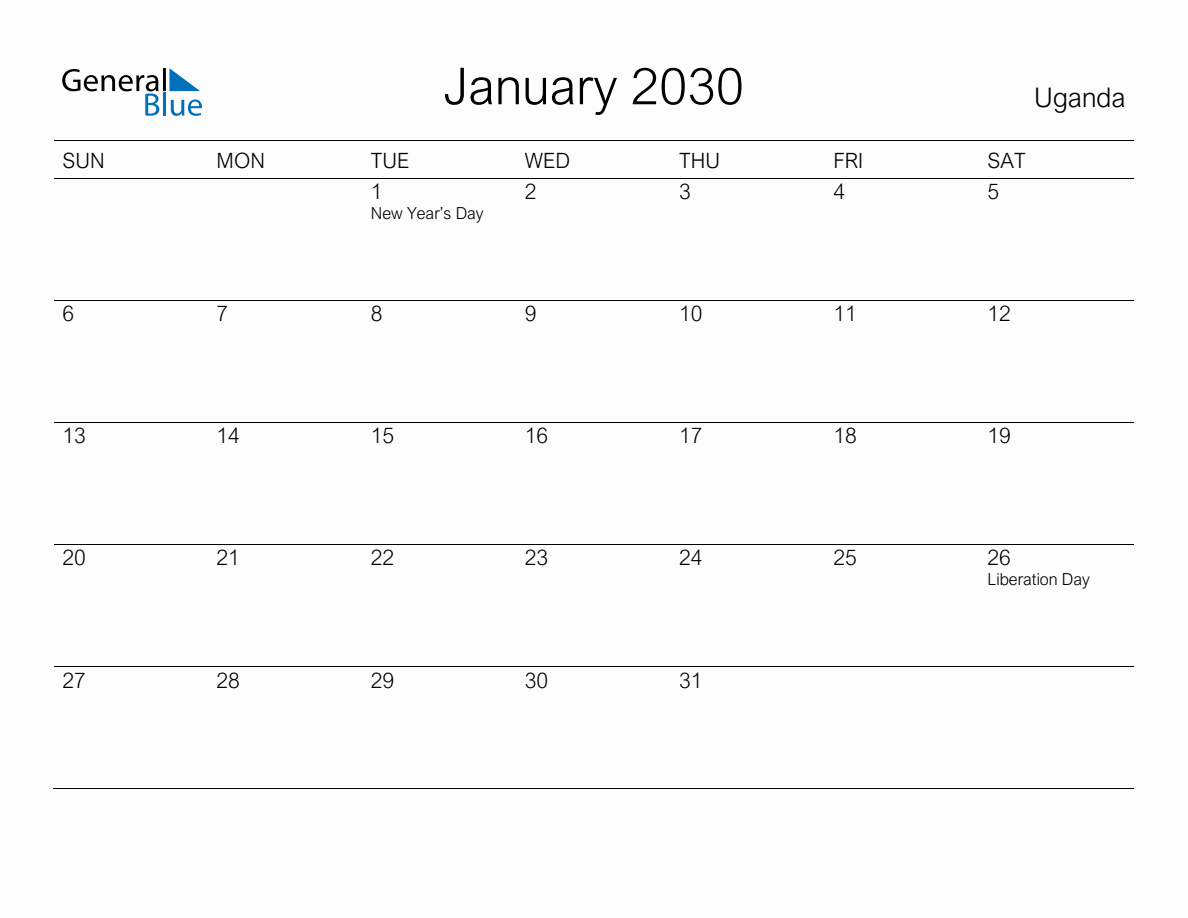 Printable January 2030 Monthly Calendar with Holidays for Uganda