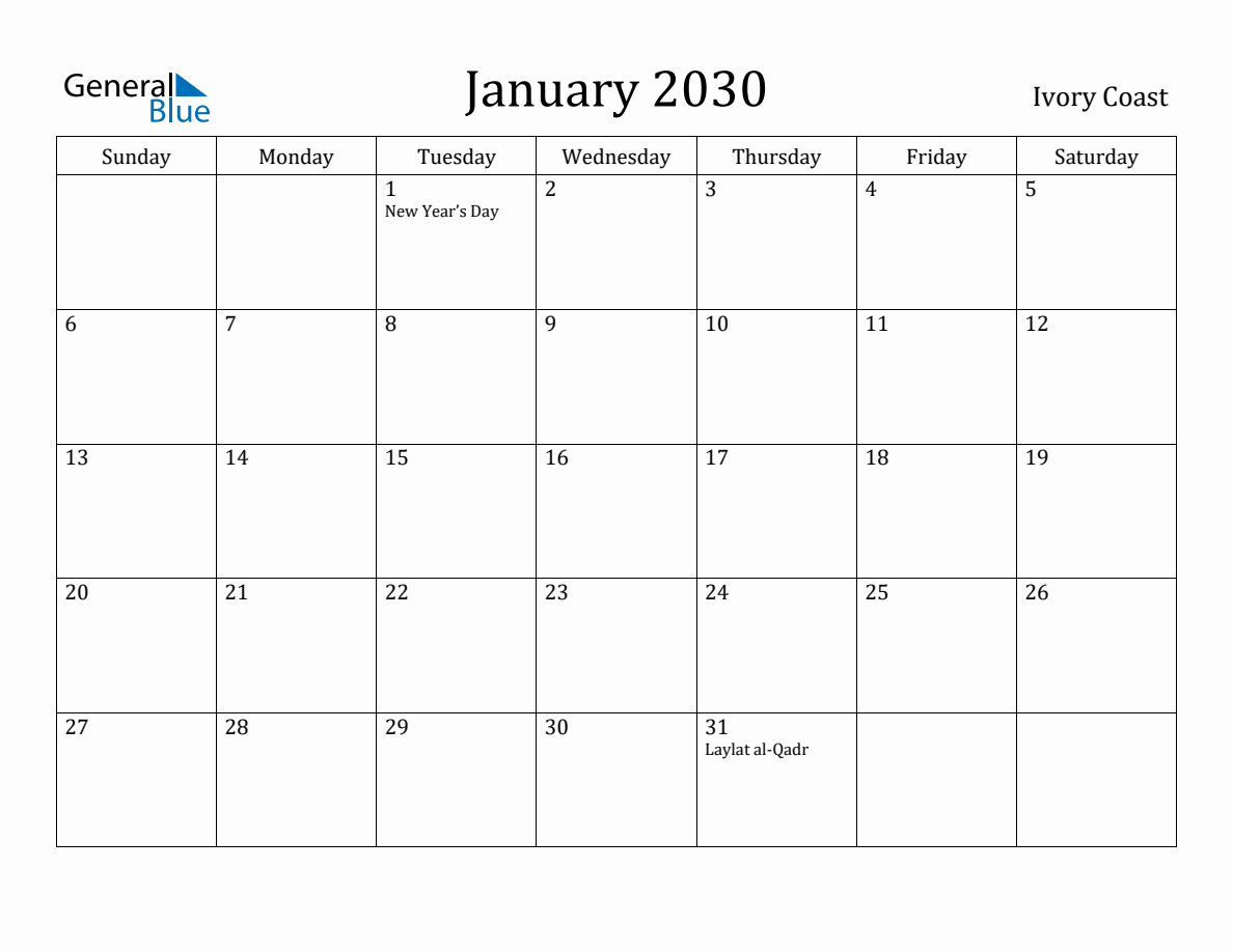 January 2030 Monthly Calendar with Ivory Coast Holidays