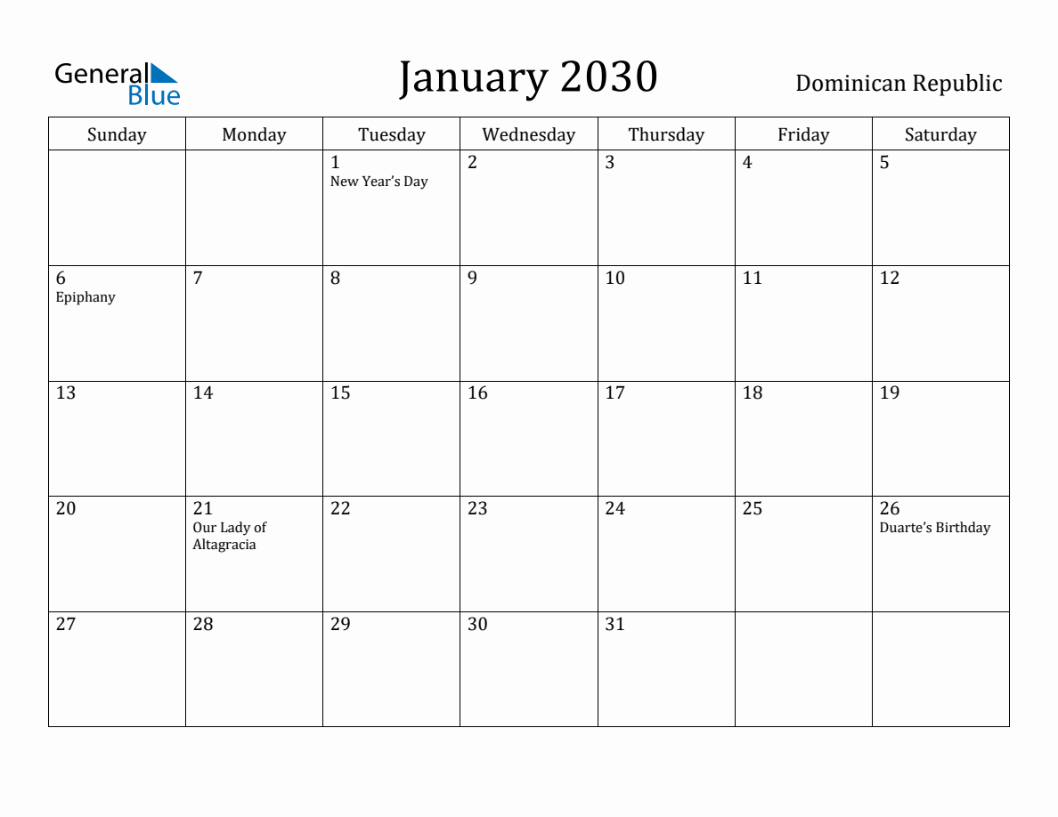 January 2030 Monthly Calendar with Dominican Republic Holidays