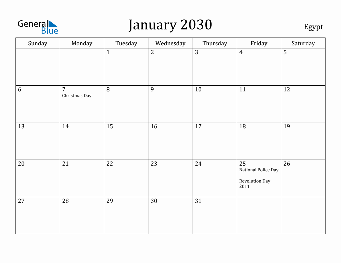 January 2030 Monthly Calendar with Egypt Holidays
