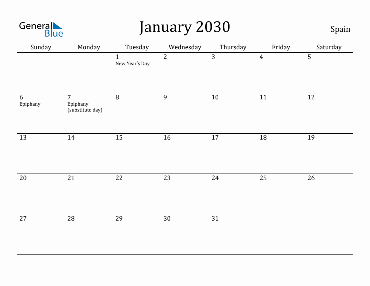 January 2030 Monthly Calendar with Spain Holidays