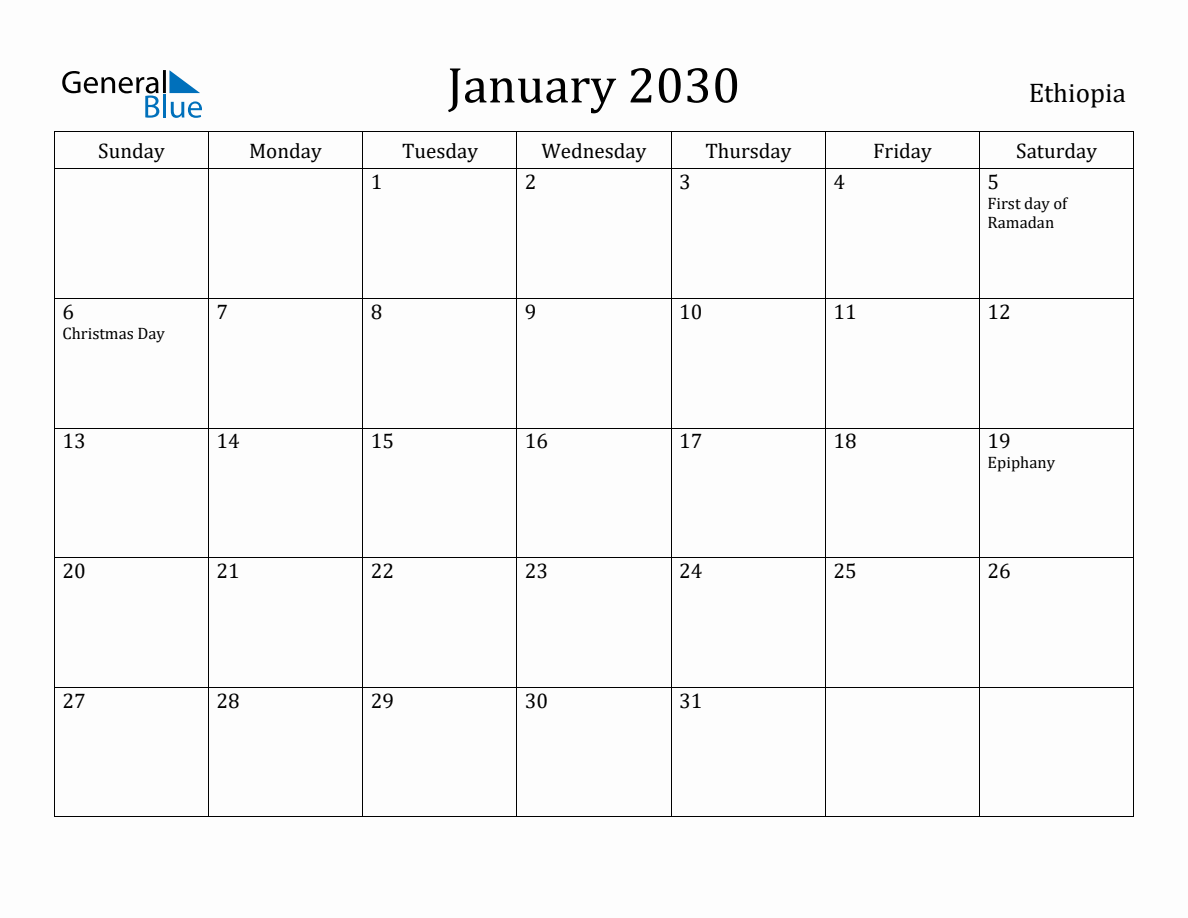 January 2030 Monthly Calendar with Ethiopia Holidays