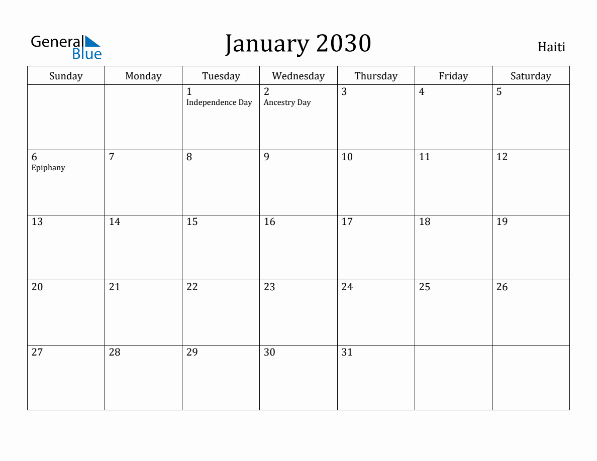 January 2030 Monthly Calendar with Haiti Holidays