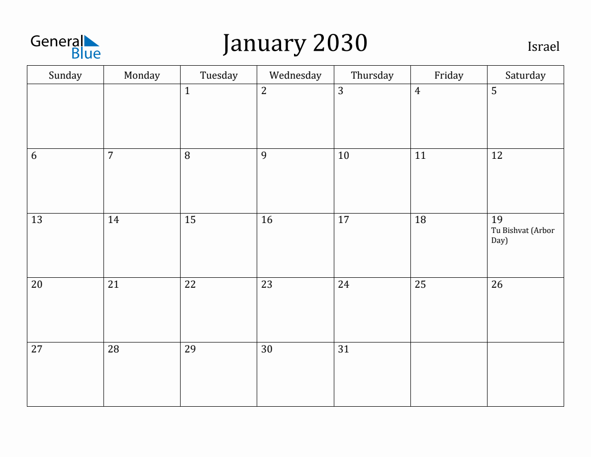 January 2030 Monthly Calendar with Israel Holidays