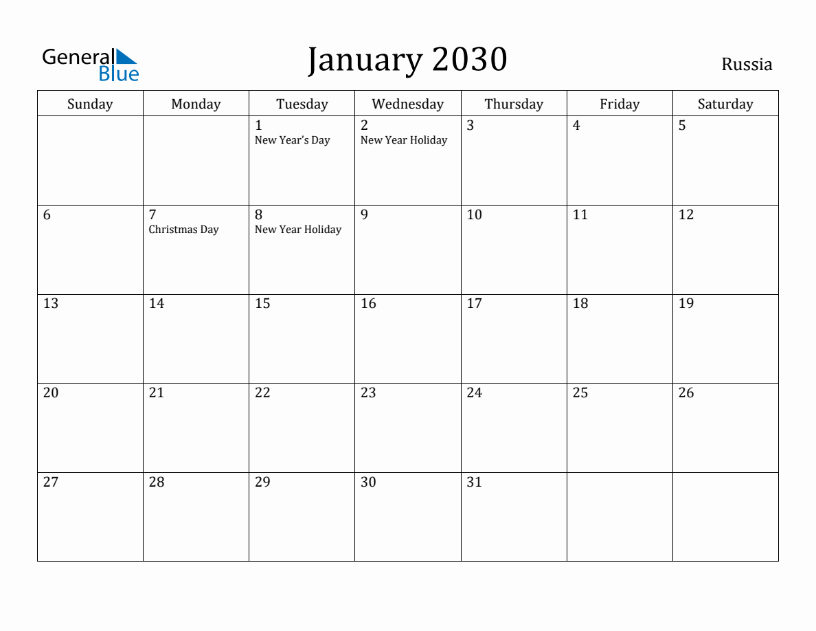 January 2030 Monthly Calendar with Russia Holidays