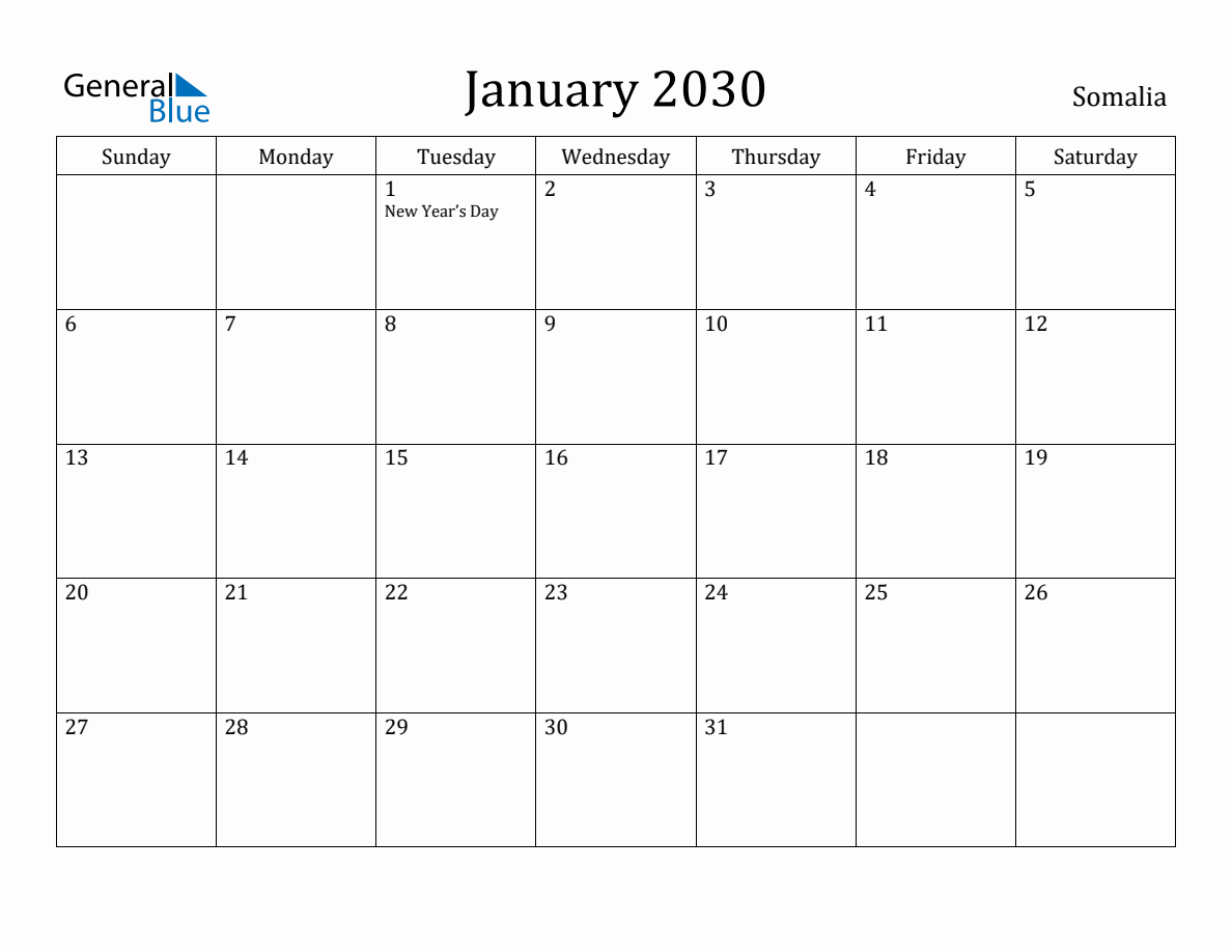January 2030 Monthly Calendar with Somalia Holidays
