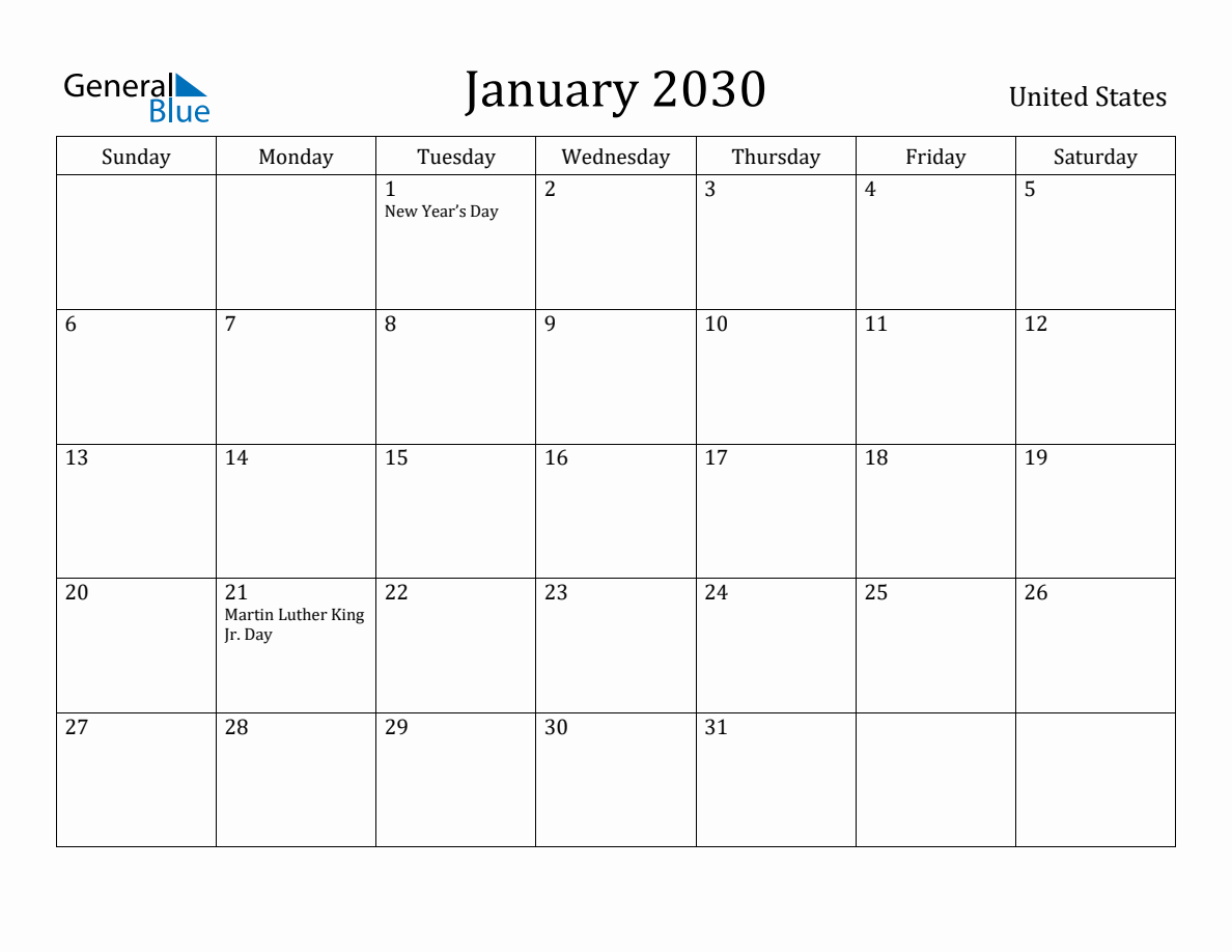 January 2030 Monthly Calendar with United States Holidays