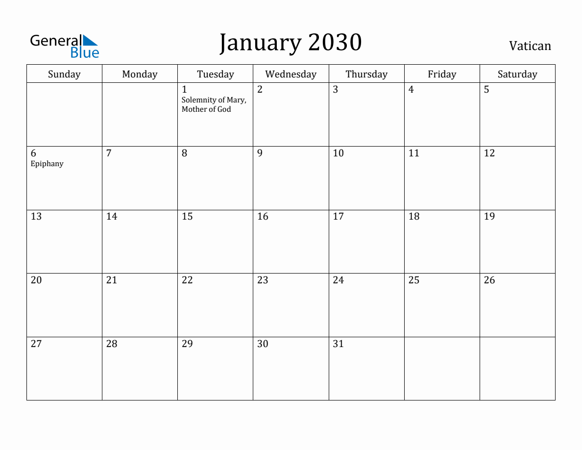 January 2030 Monthly Calendar with Vatican Holidays