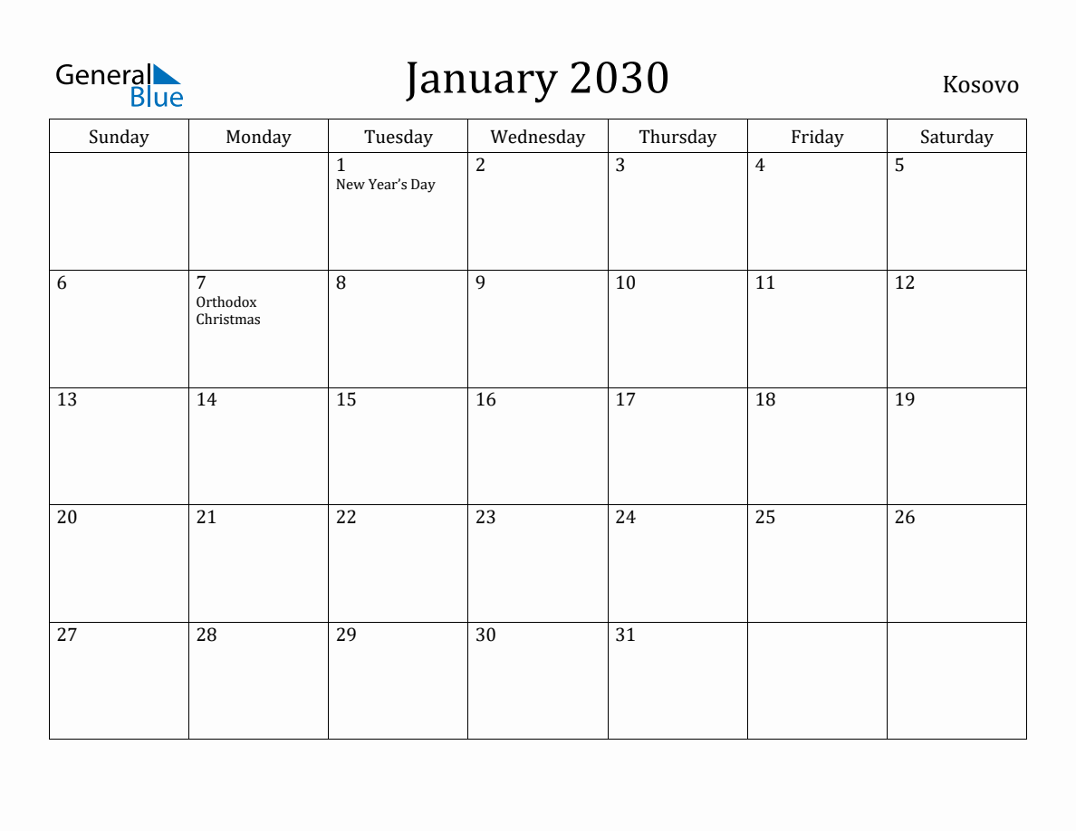 January 2030 Monthly Calendar with Kosovo Holidays