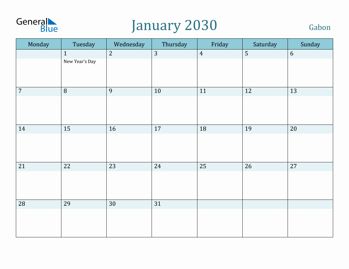 Gabon Holiday Calendar for January 2030 (Monday Start)