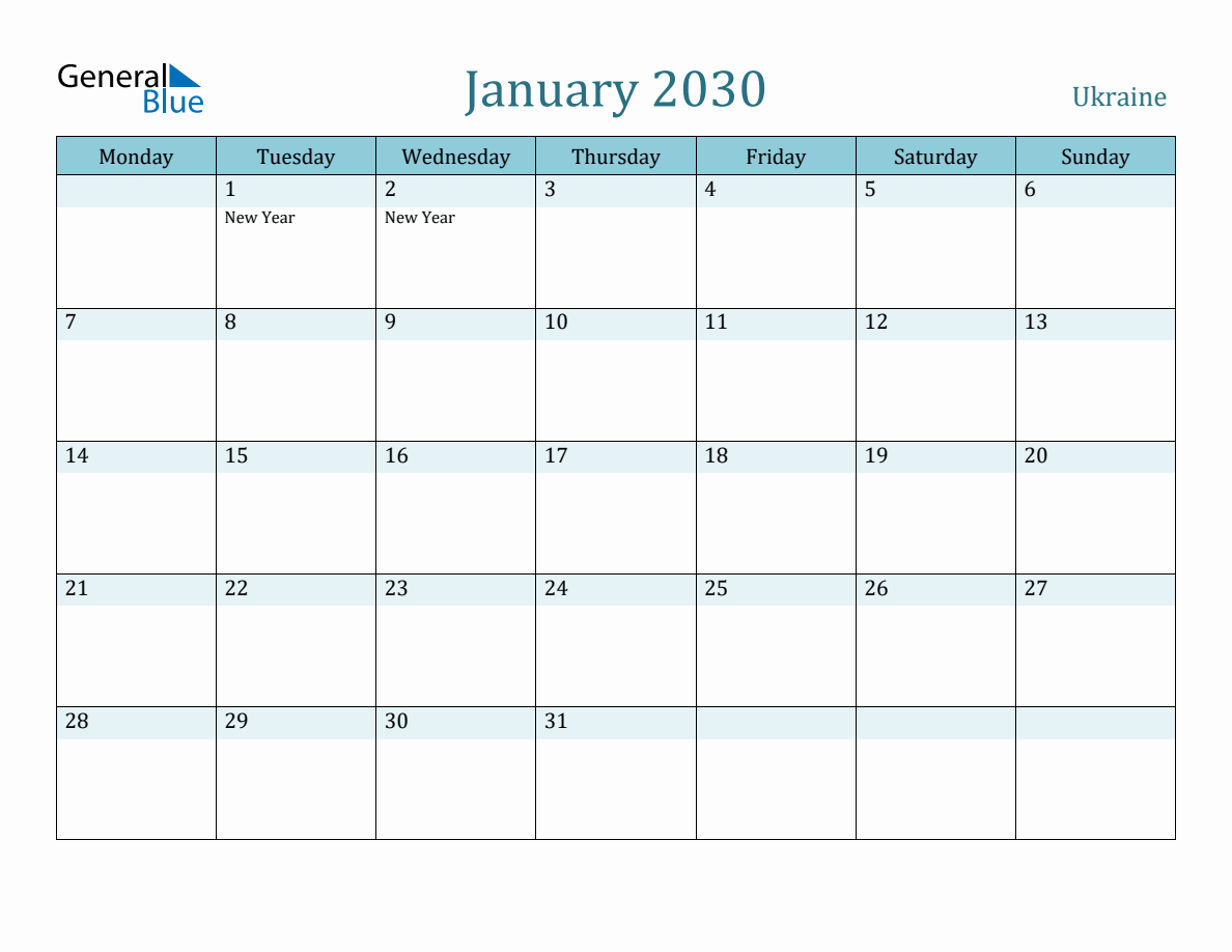 Ukraine Holiday Calendar for January 2030