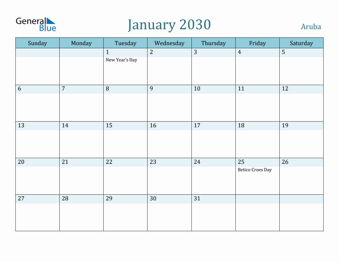 Aruba Holiday Calendar for January 2030