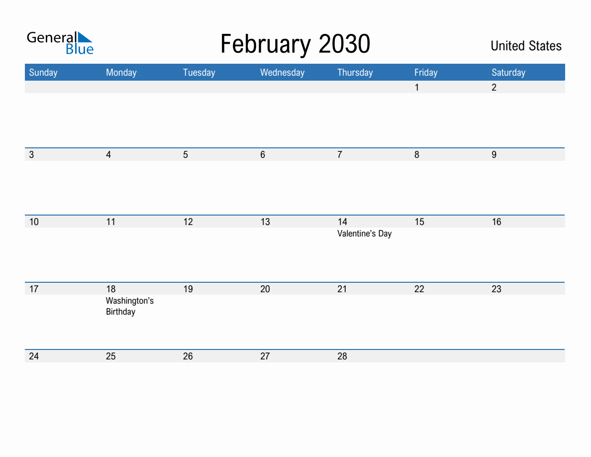 February 2030 Monthly Calendars with United States Holidays