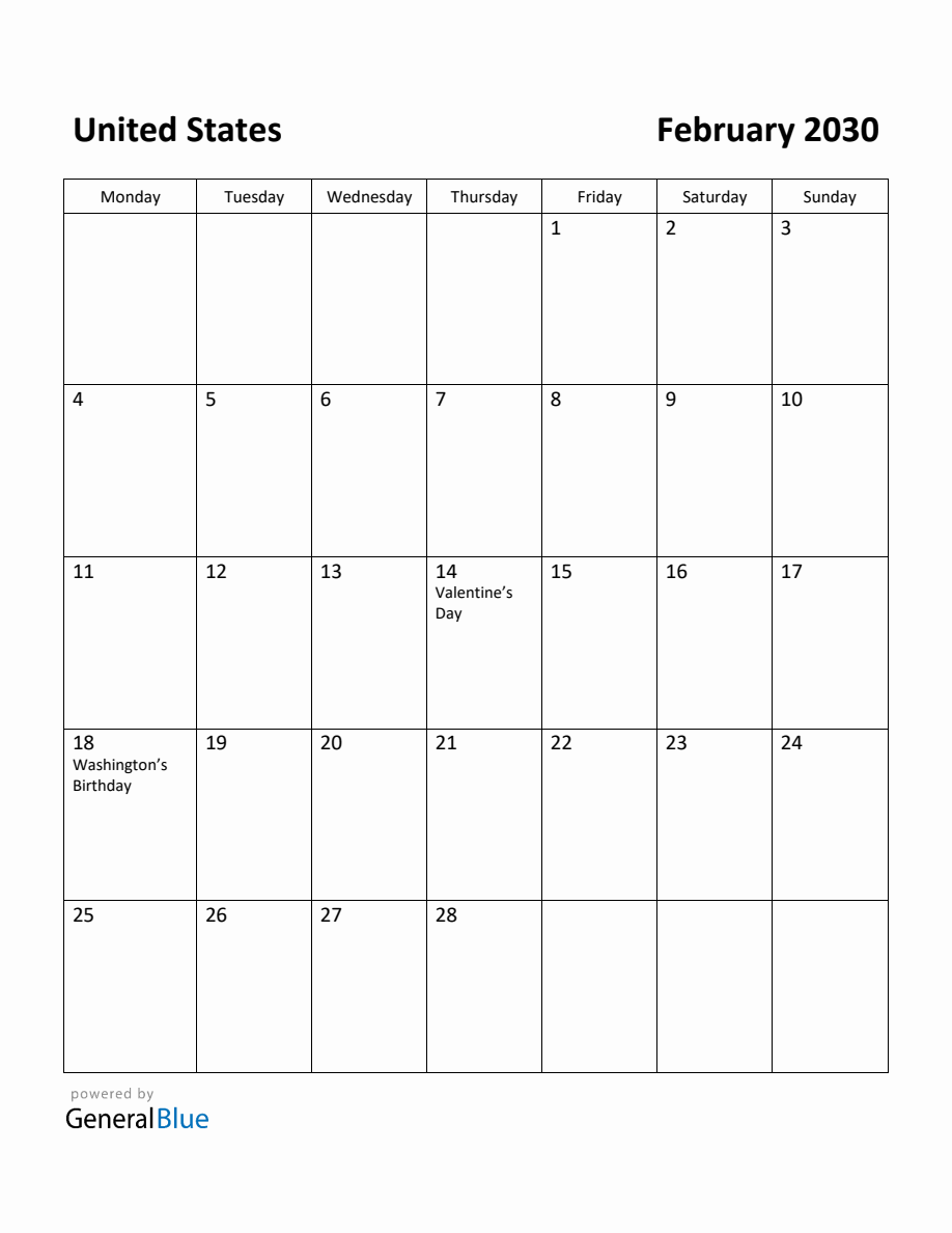 Free Printable February 2030 Calendar for United States