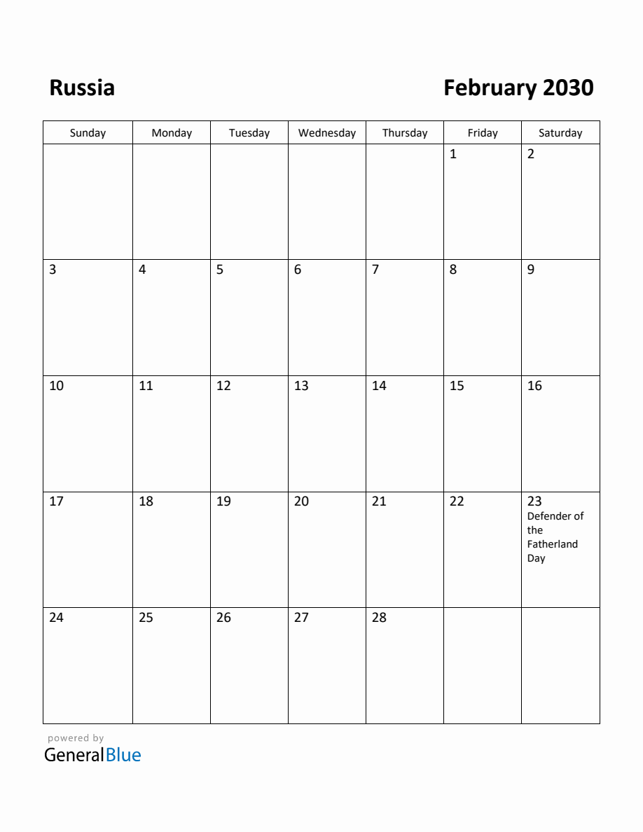 Free Printable February 2030 Calendar for Russia