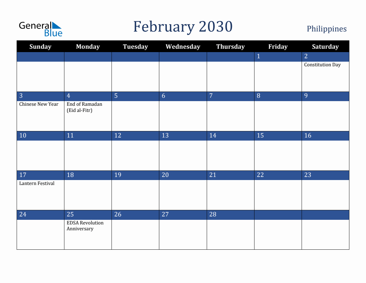 February 2030 Philippines Holiday Calendar