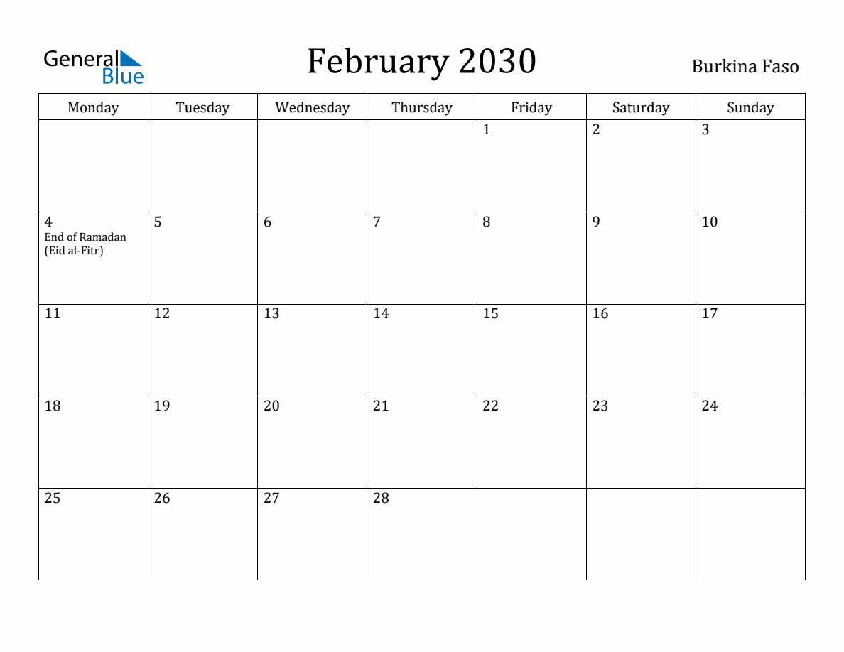 February 2030 Monthly Calendar with Burkina Faso Holidays
